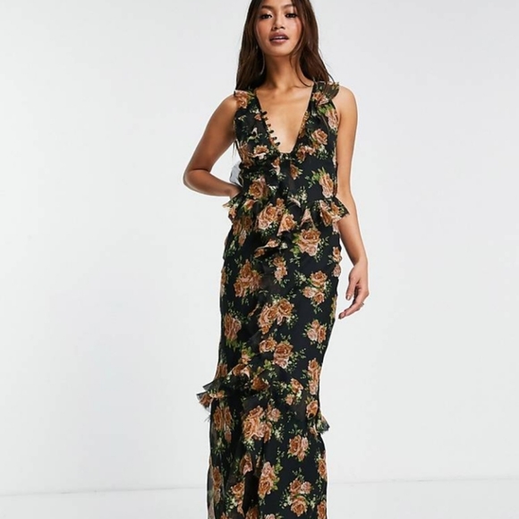 ASOS | Dresses | Asos Bias Cut Ruffle Maxi Dress With Rose Print | Poshmark